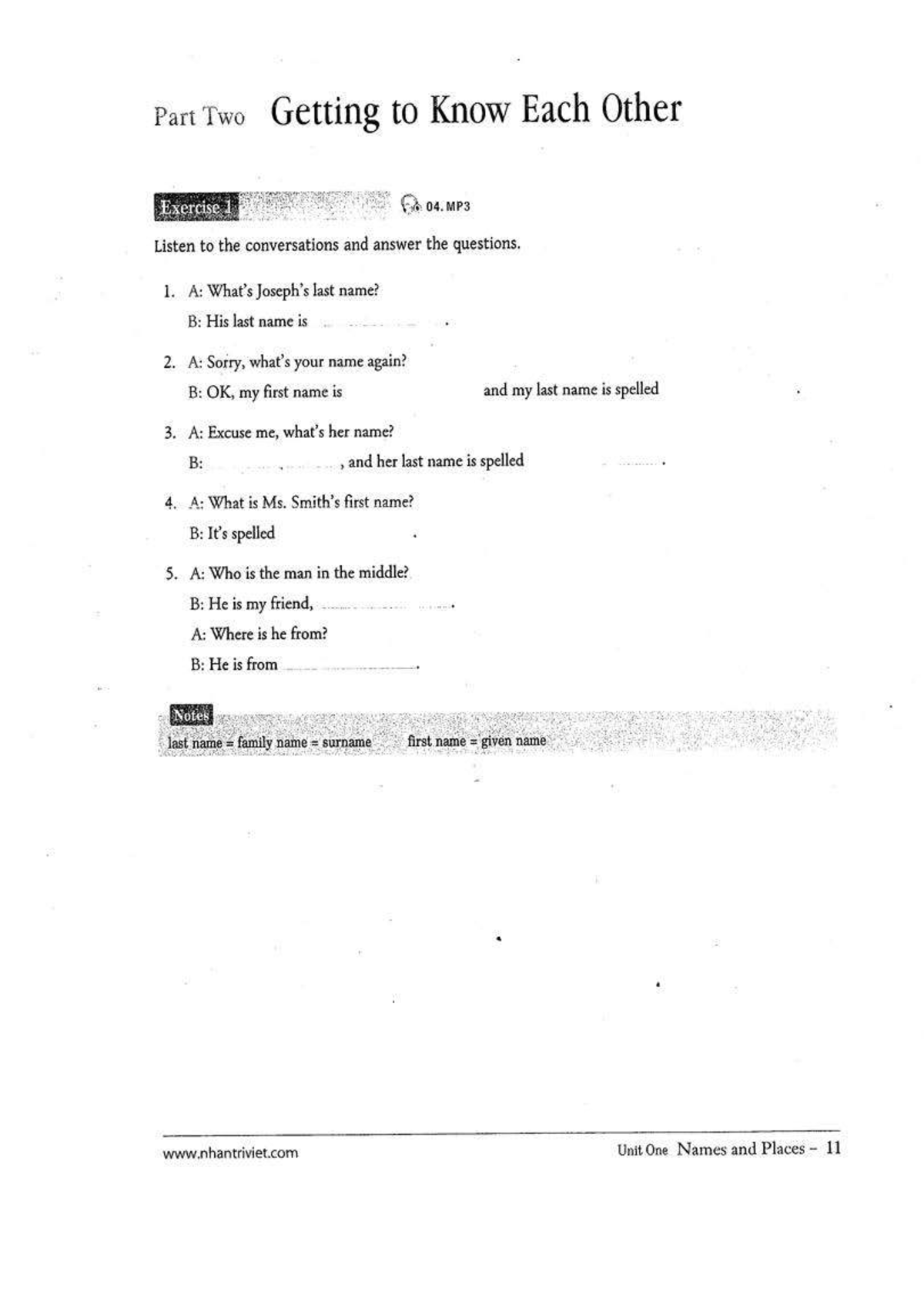 Getting to Know Each Other Exercise 1 - Unit 1 Names & Places - Studocu
