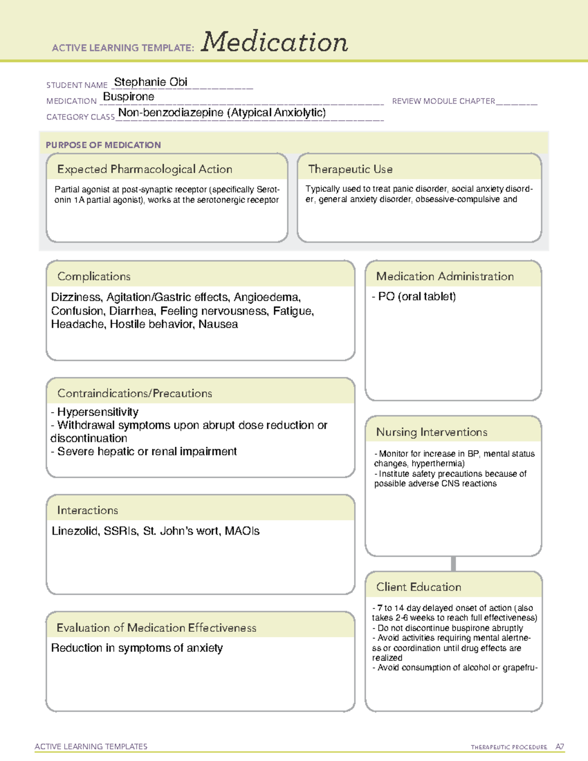 Active Learning Template: Medication Review - Buspirone (Anxiolytic ...