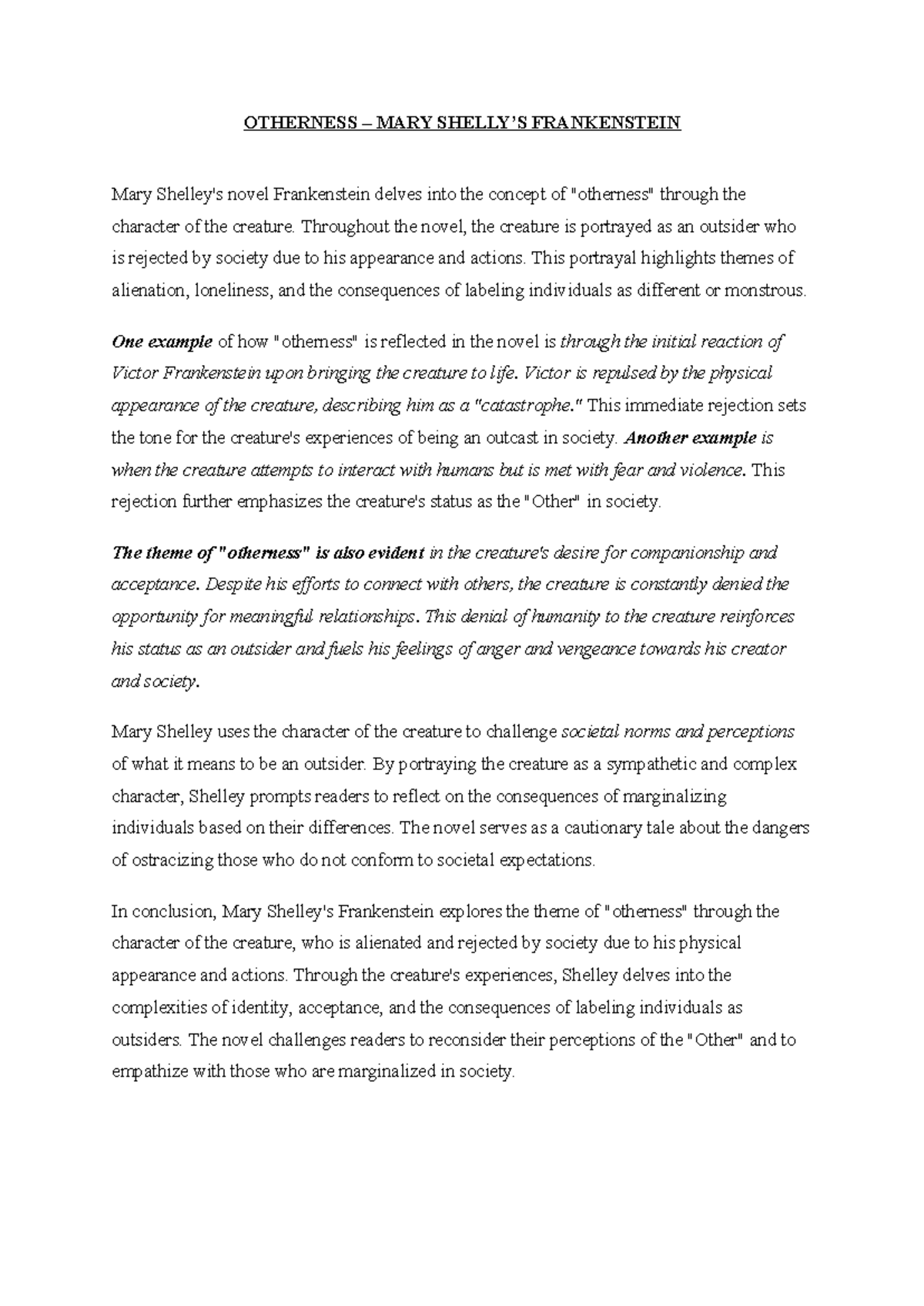 Otherness in Mary Shelley's Frankenstein: Exploring Alienation Themes ...