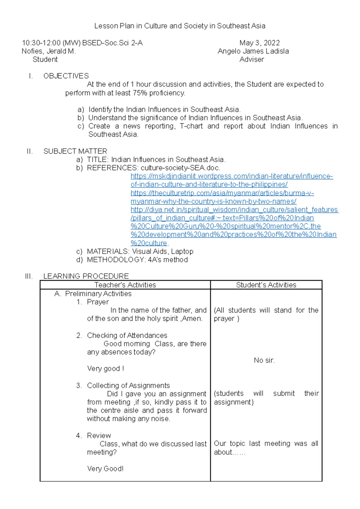 New Lesson Plan on Culture and Society - Lesson Plan in Culture and ...
