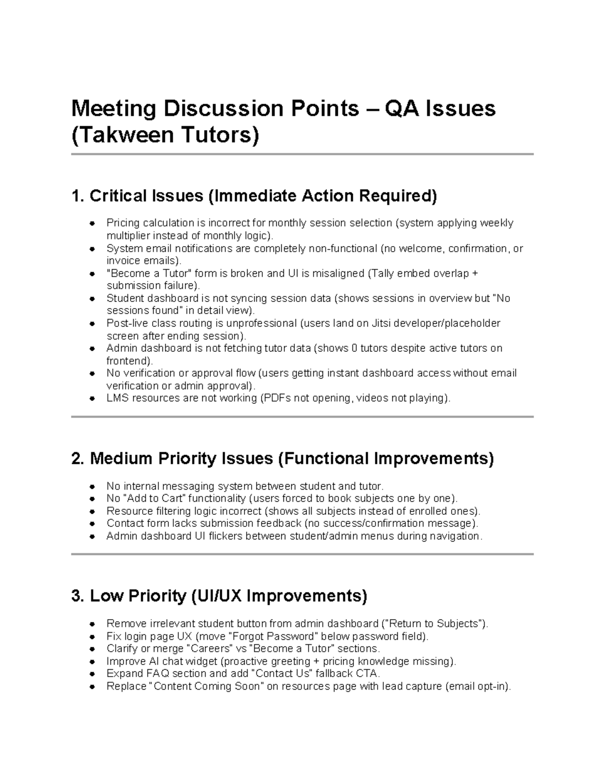 Meeting Discussion Points: QA Issues & Action Items (Takween Tutors ...