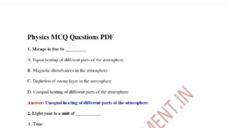 Physics MCQ Questions PDF - Key Concepts and Answers - Studocu