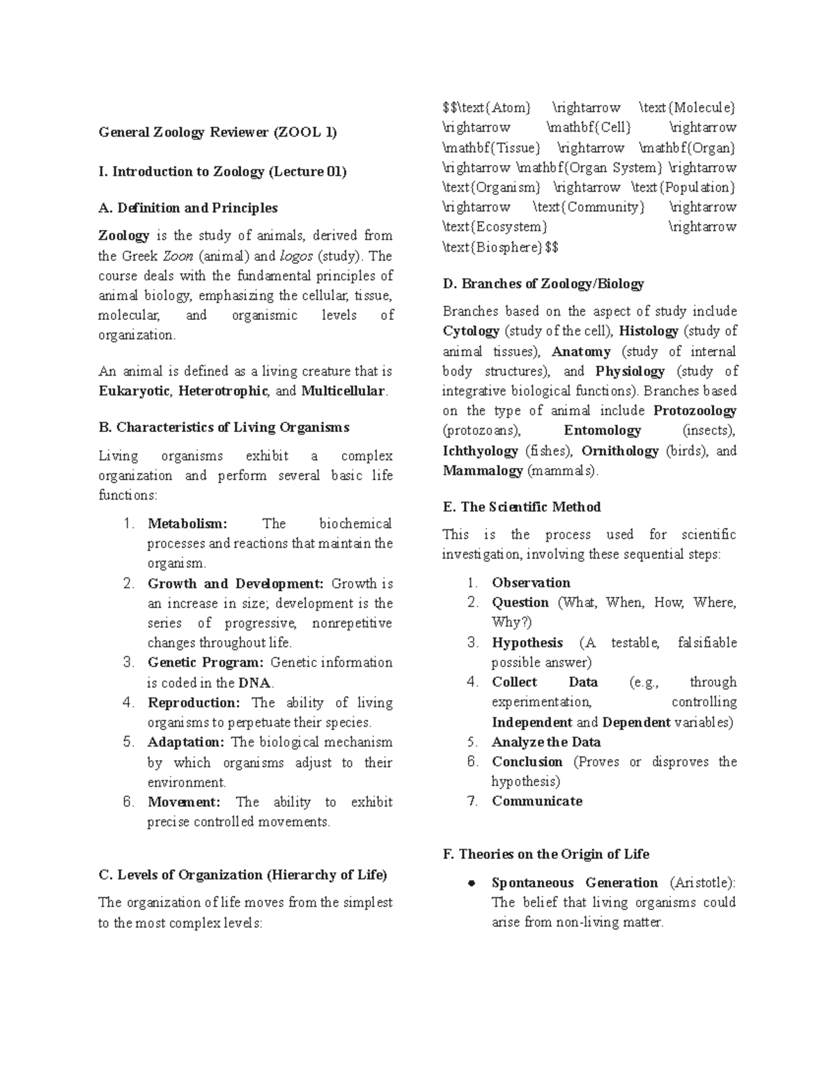 Zoology Reviewer (ZOOL 1) - Introduction to Animal Biology and Cells ...