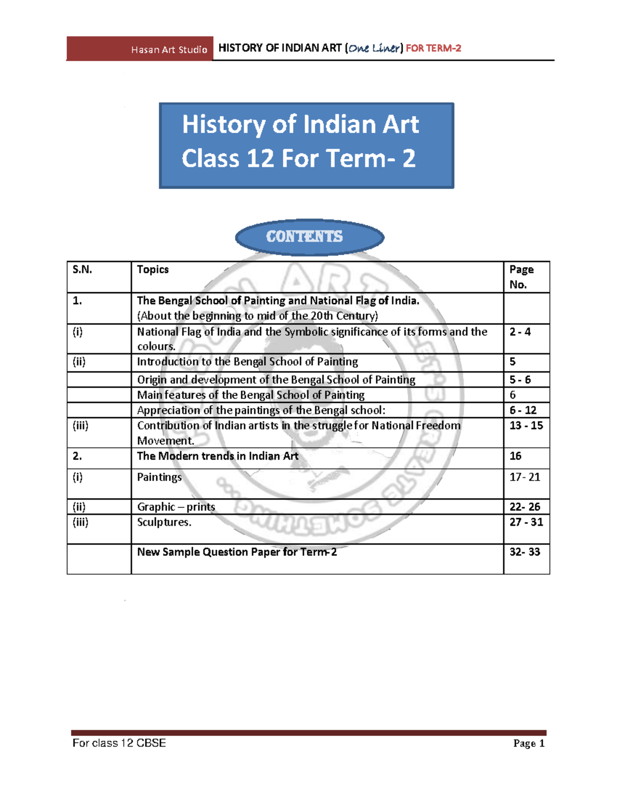 HISTORY OF INDIAN ART (Class 12 CBSE) - Comprehensive Study Notes - Studocu