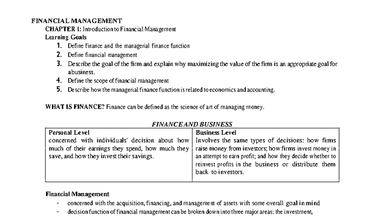 Financial Management CHAP 1 & 2 Overview and Key Concepts - Studocu