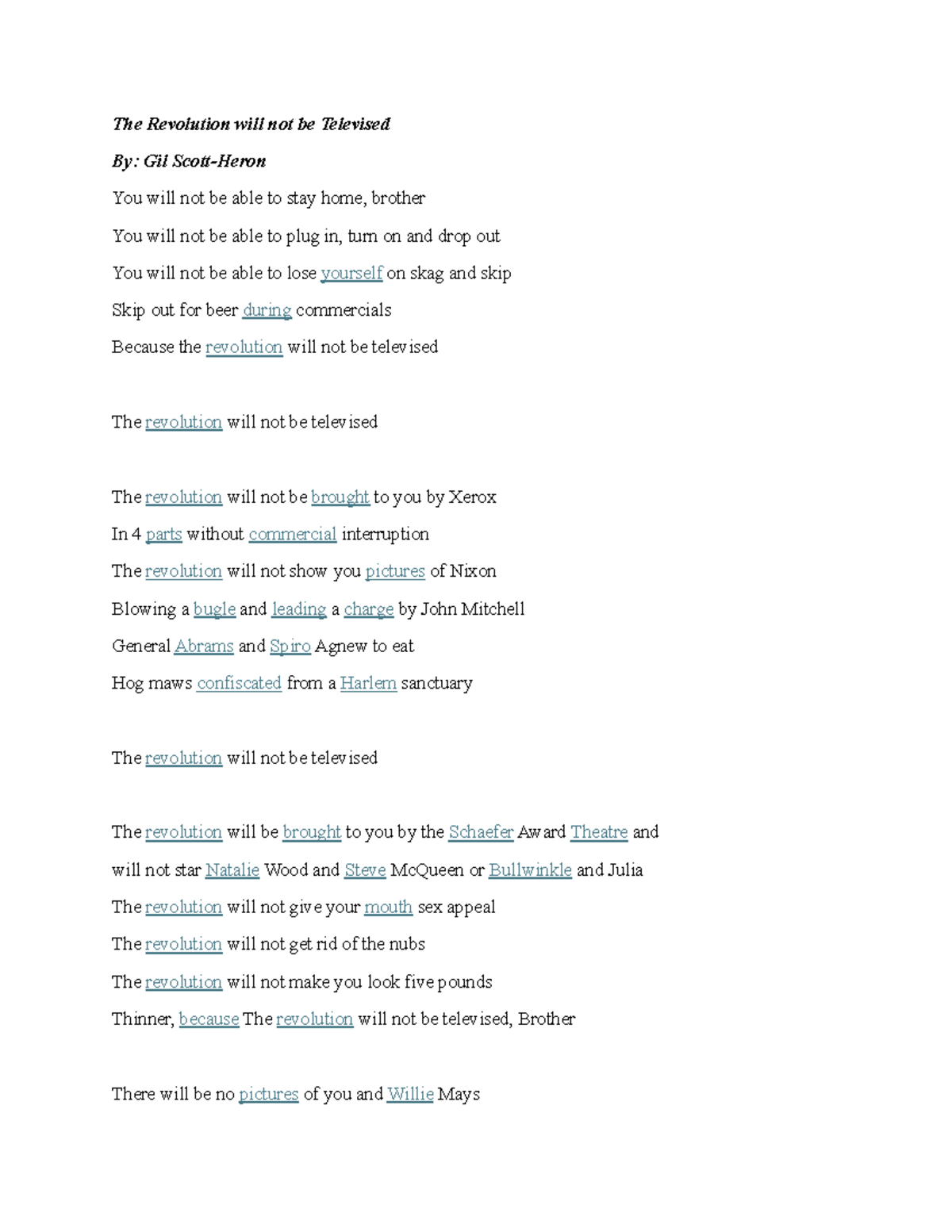 ENG 101: The Revolution Will Not Be Televised - Poem Analysis - Studocu