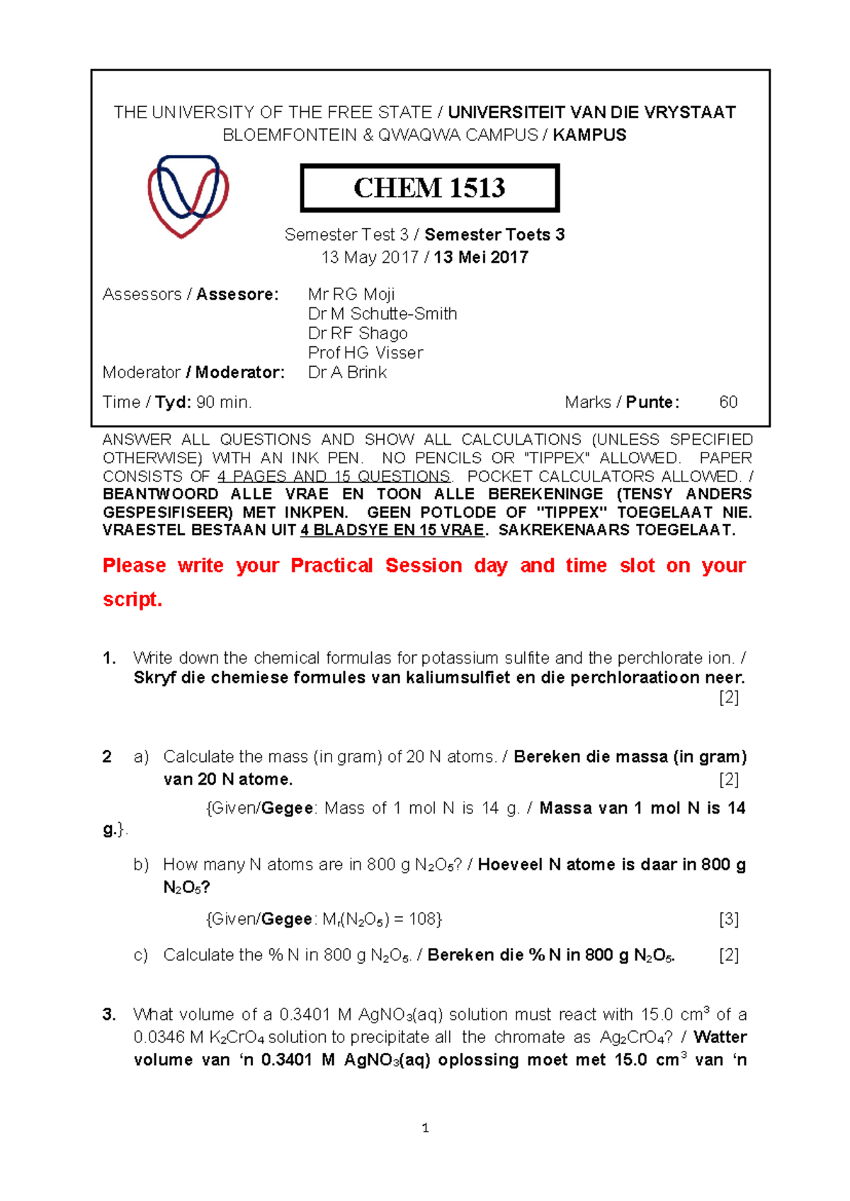 CHEM 1513 Semester Test 3 - 2017 Question Paper - Studocu
