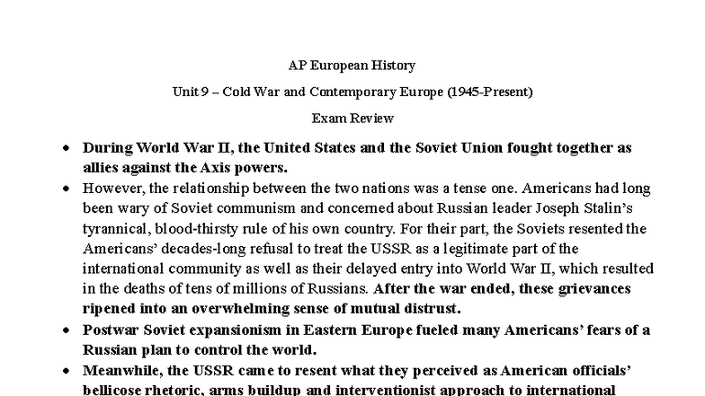 AP European History Unit 9 Cold War & Contemporary Europe Exam Review ...