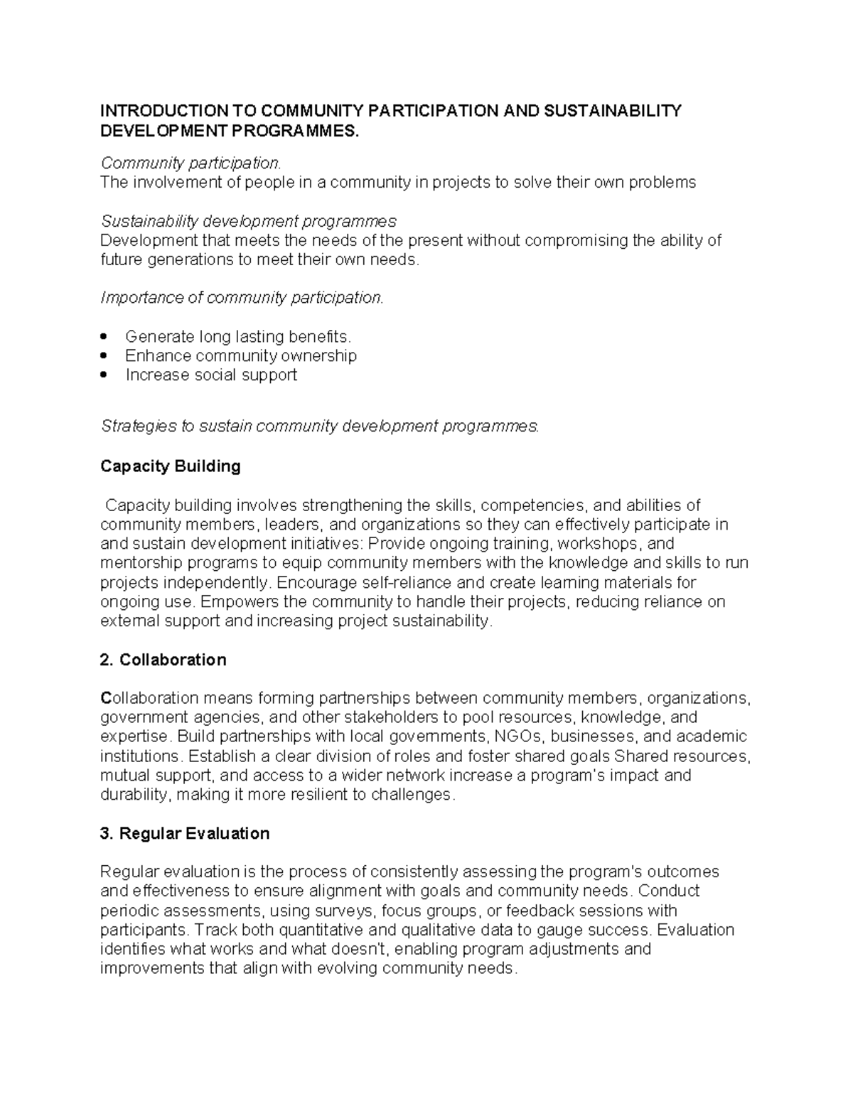Development Programmes - INTRODUCTION TO COMMUNITY PARTICIPATION AND ...