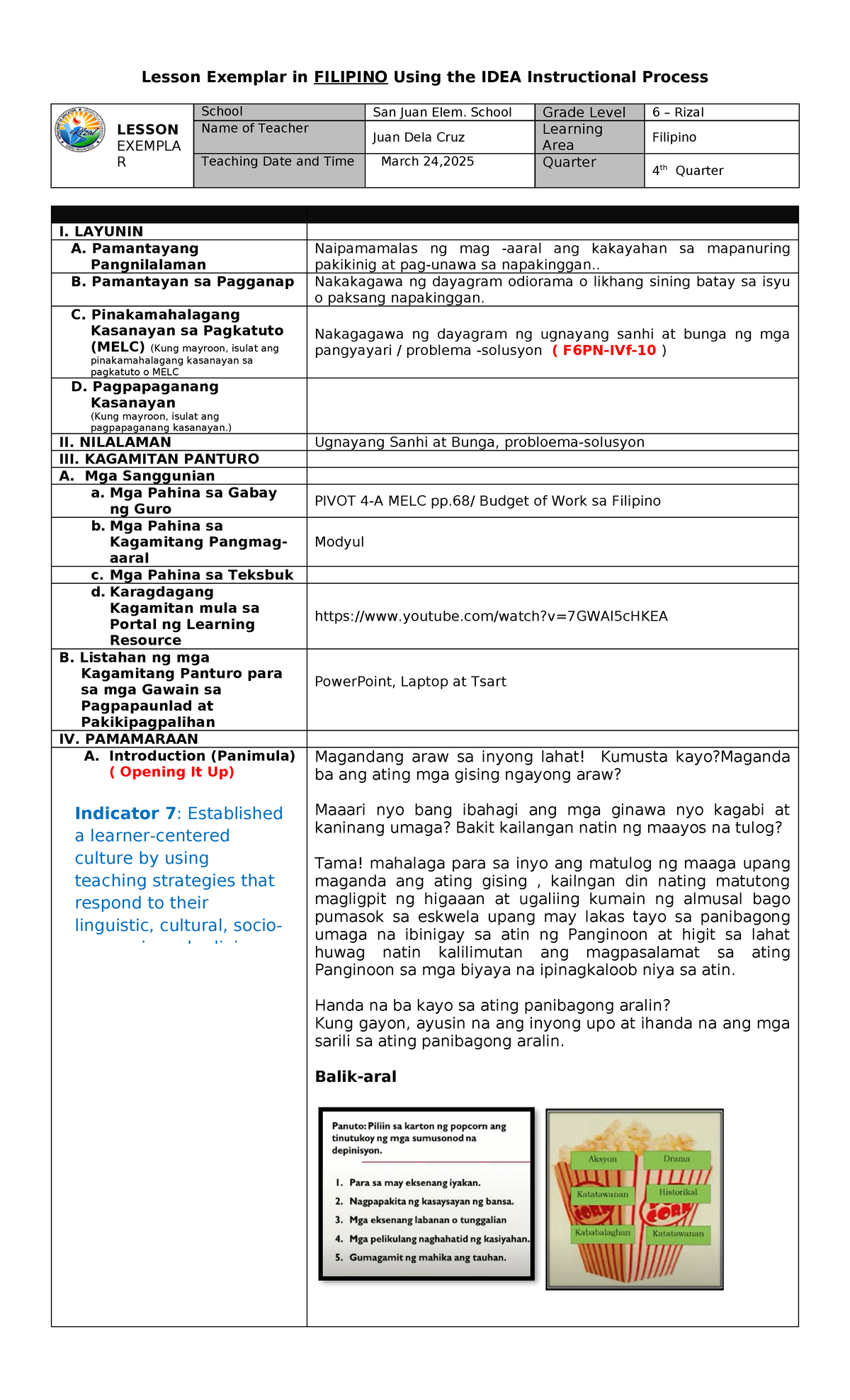 Lesson Exemplar in FILIPINO 6: Using the IDEA Instructional Process ...