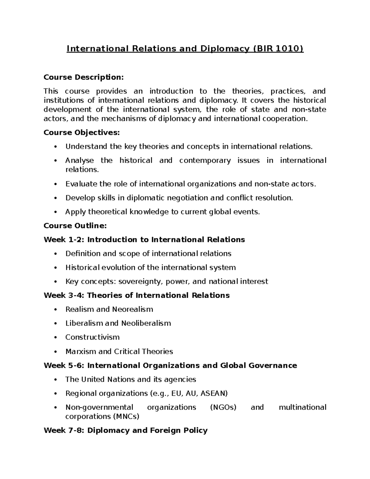 BIR 1010 Course Outline: International Relations & Diplomacy Overview ...