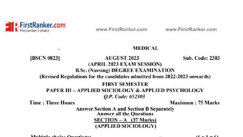 FR 652303 - Applied Sociology & Psychology Q.P. - August 2023 Exam ...