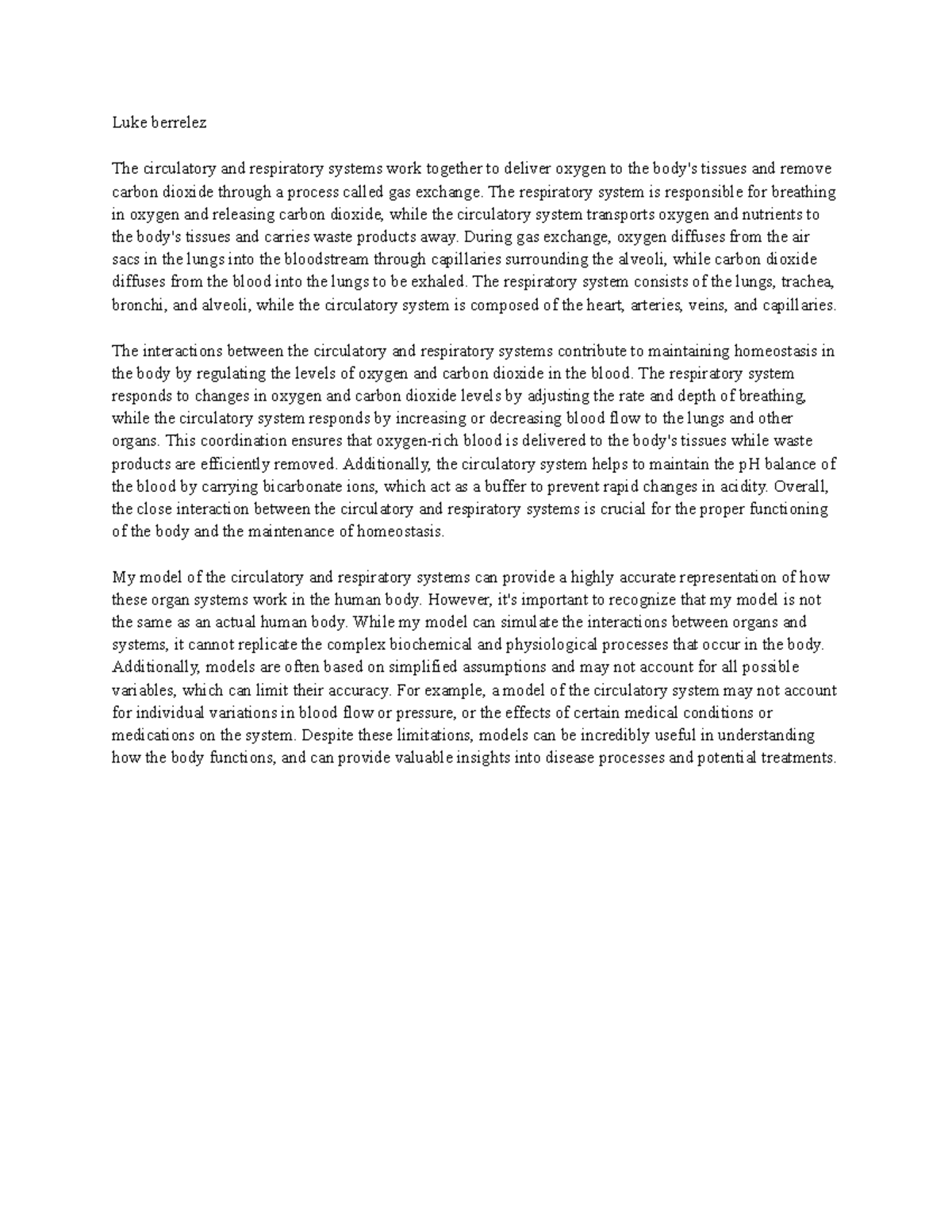 Bioligy - The Circulatory and Respiratory SystemsProject: Modeling ...