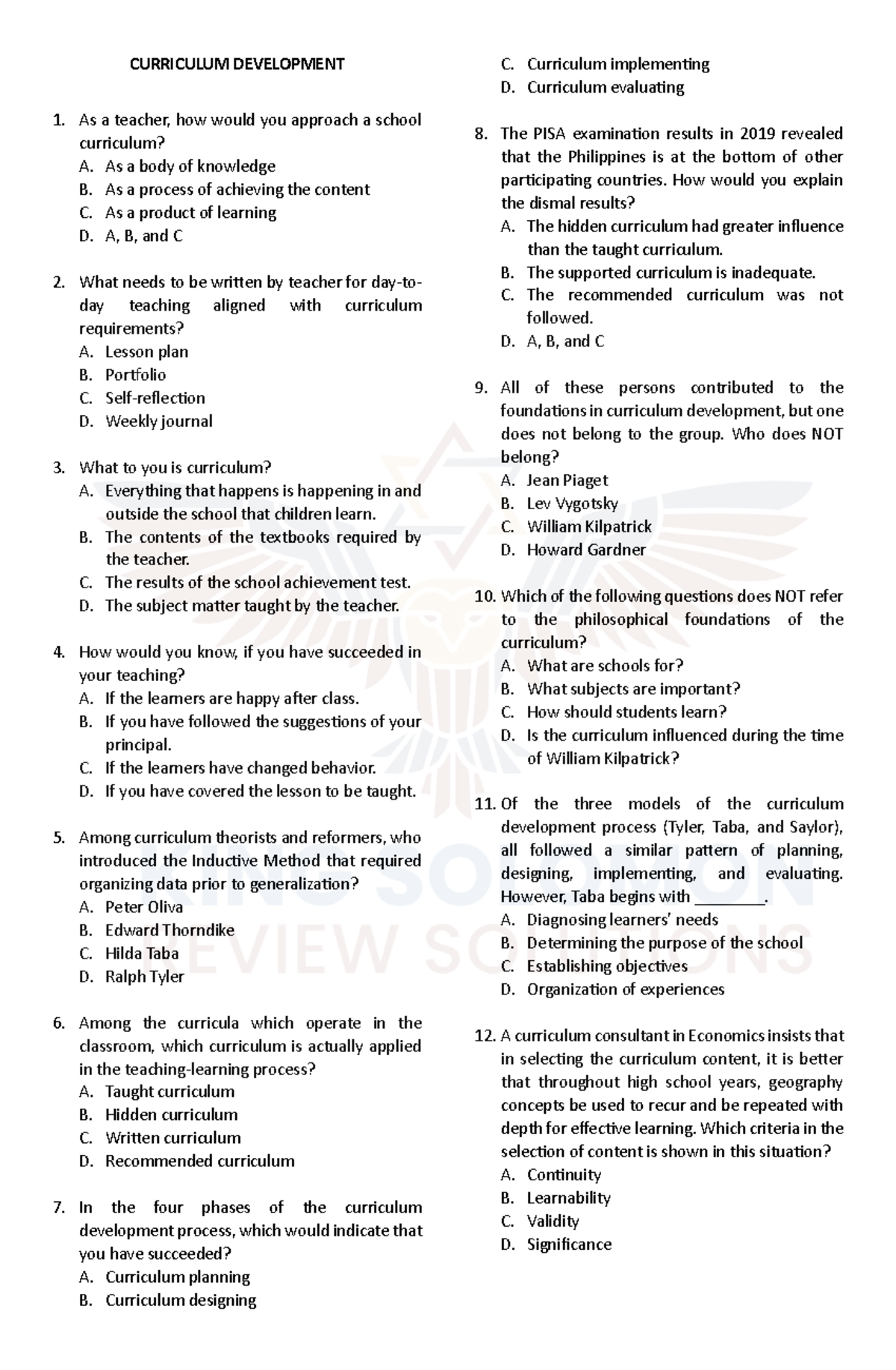 Curriculum Development - Sample LEPT Questions - CURRICULUM DEVELOPMENT ...