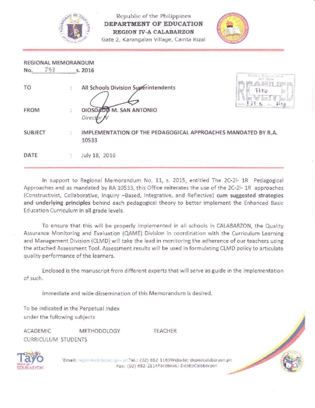 Implementation of Pedagogical Approaches (R.A. 10533) - Regional Memo ...
