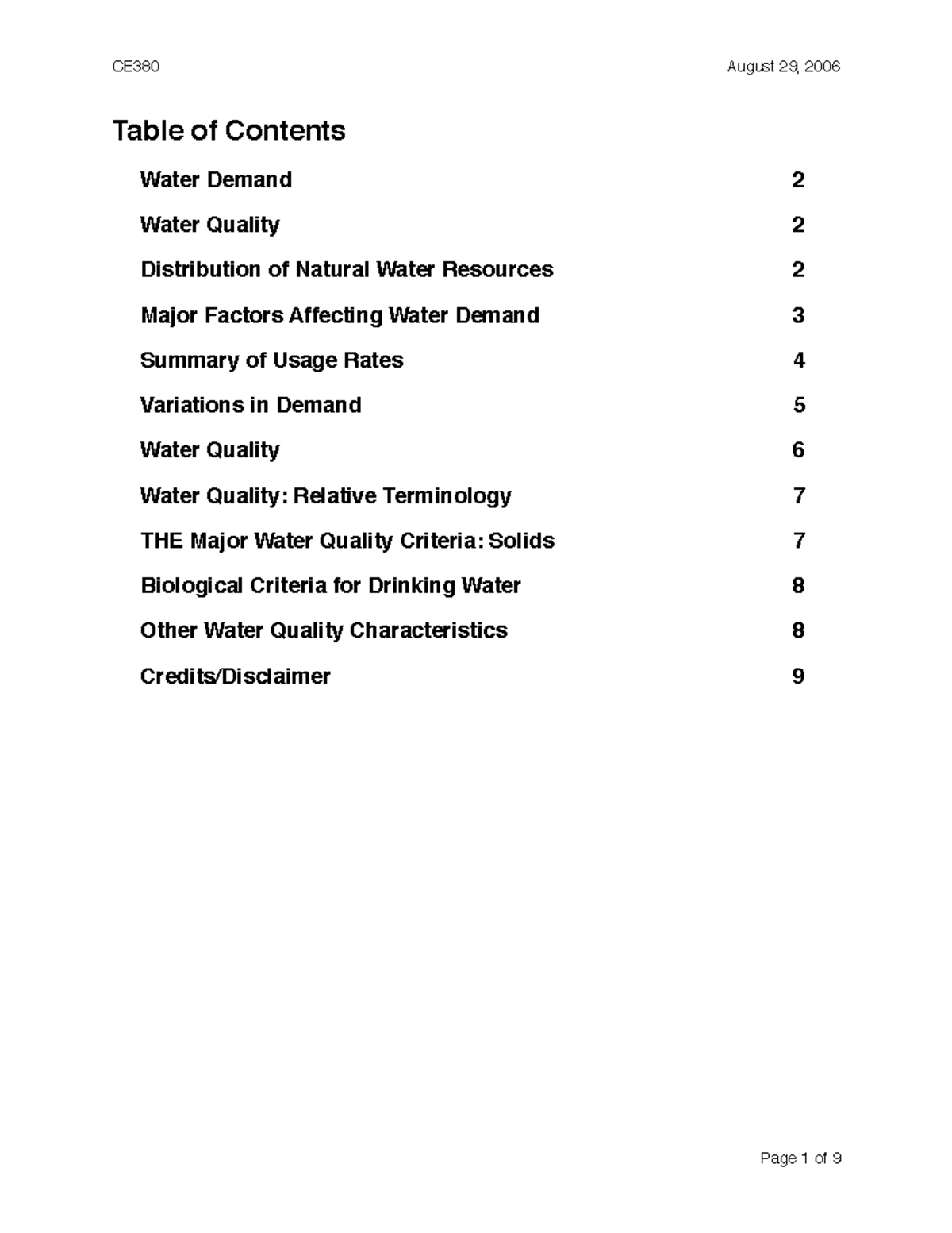CE380 (August 29 2006 ) - Table of Contents Water Demand Water Quality ...