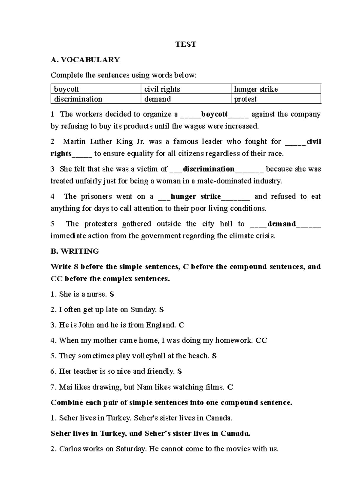 TEST 11 - Vocabulary and Sentence Structure Exercises - Studocu