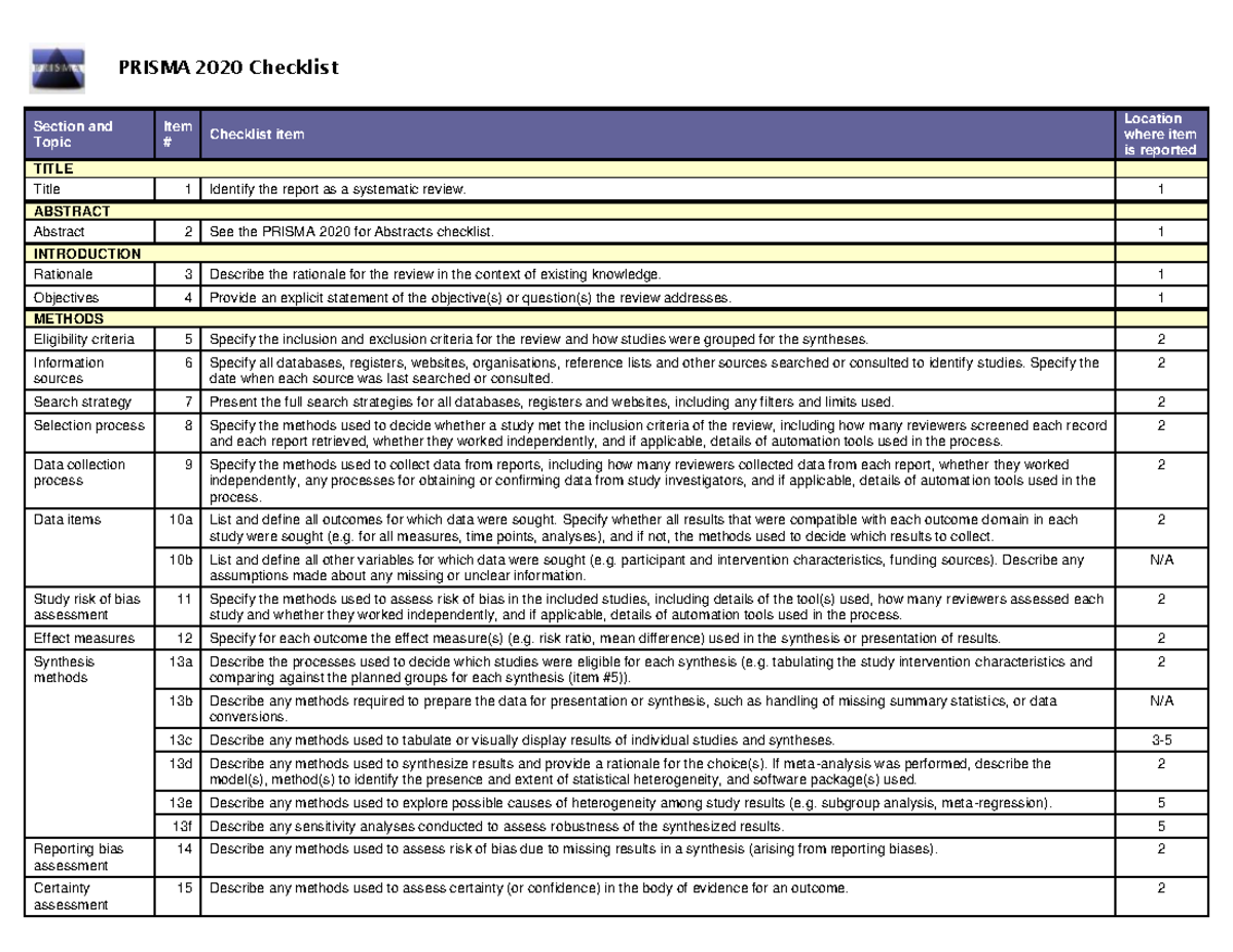 Prisma 2020 checklist - fdf - PRISMA 2020 Checklist Section and Topic ...