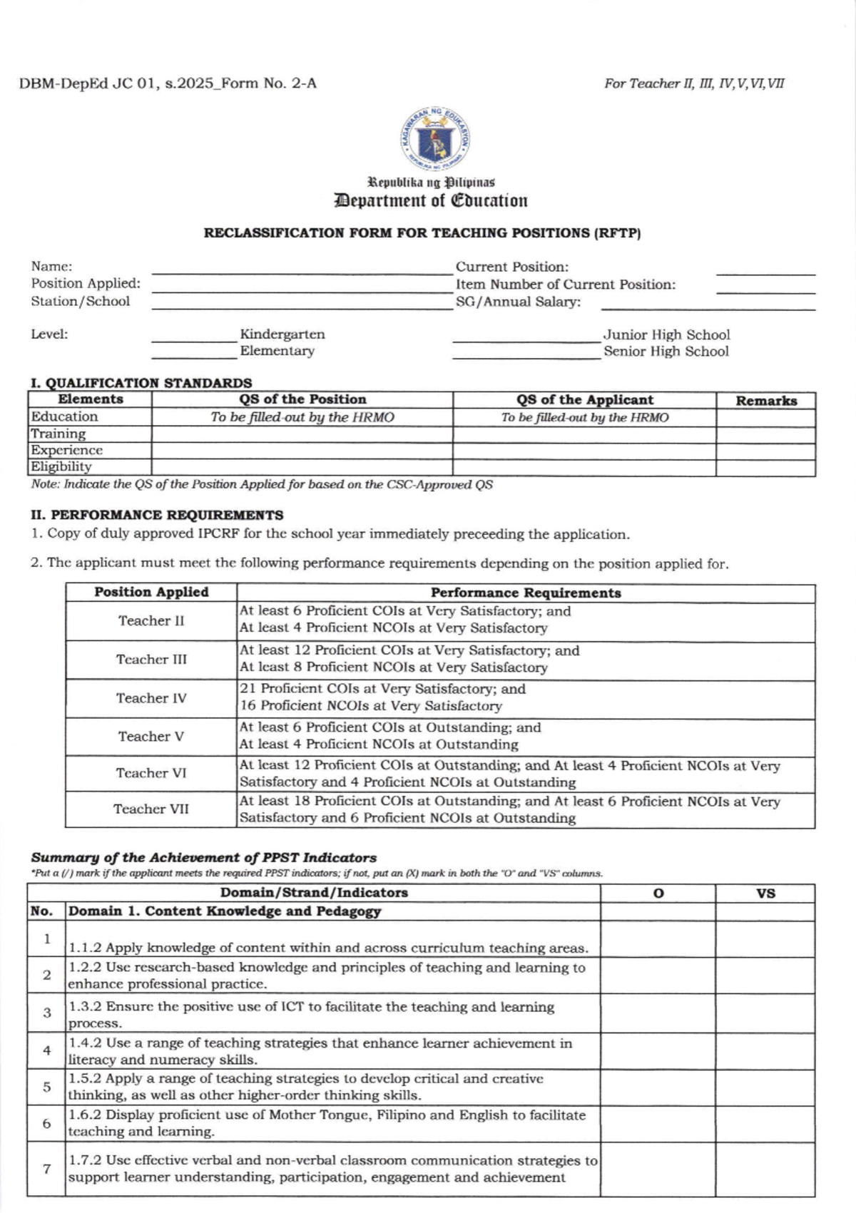 JC 01, s.2025_Reclassification Form for Teacher II to VII Positions ...