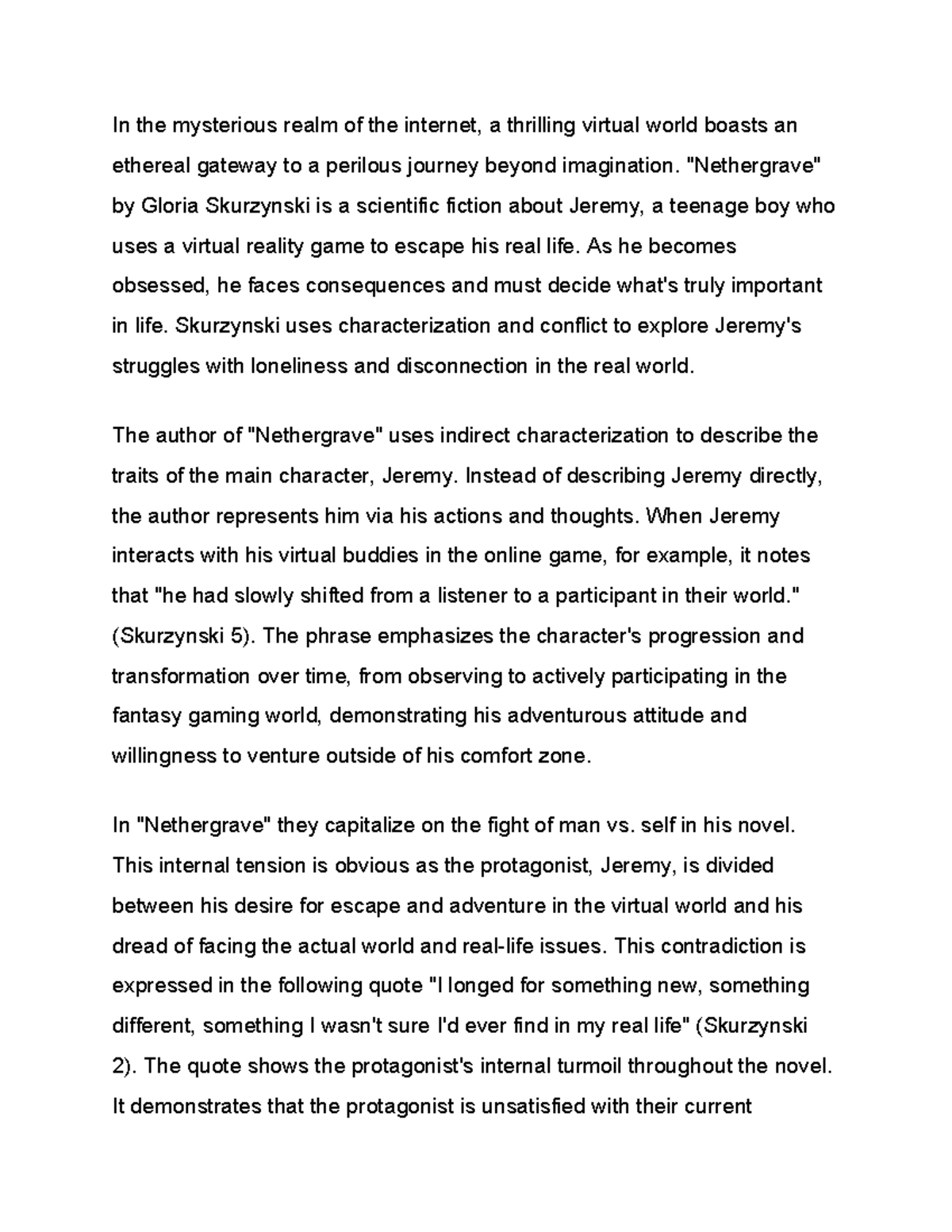 Unit 4 Portfolio: Analysis of "Nethergrave" by Gloria Skurzynski - Studocu