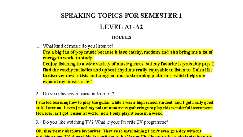A1 A2 Speaking Topics for Semester 1: Hobbies, Family, Friends ...