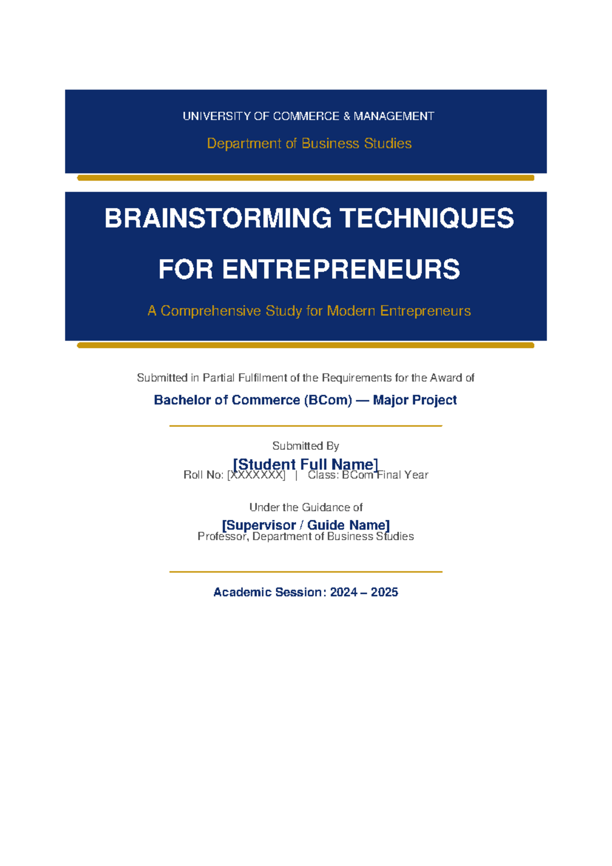 BCom Final Year Major Project: Brainstorming Techniques for ...