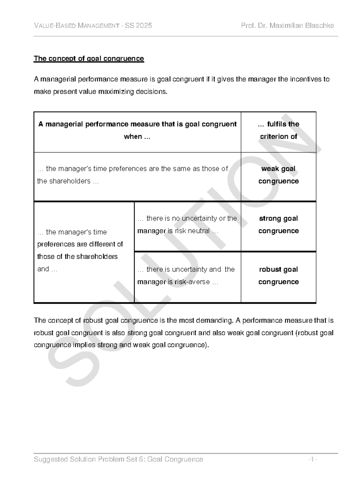 Goal Congruence Analysis: Exercise Sheet PS 6 Solution SS 2025 - Studocu