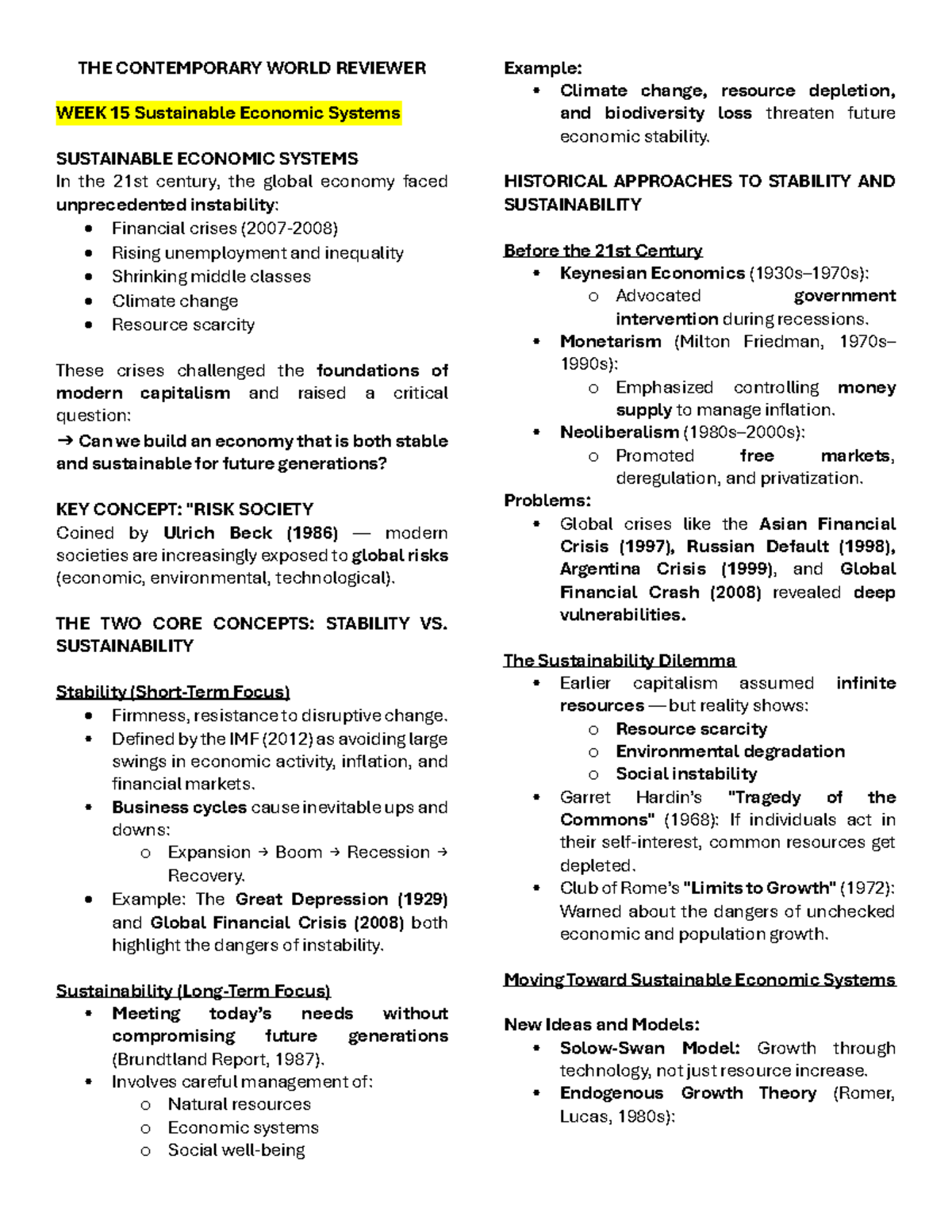 THE CONTEMPORARY WORLD FINALS REVIEWER: SUSTAINABLE ECONOMIC SYSTEMS ...
