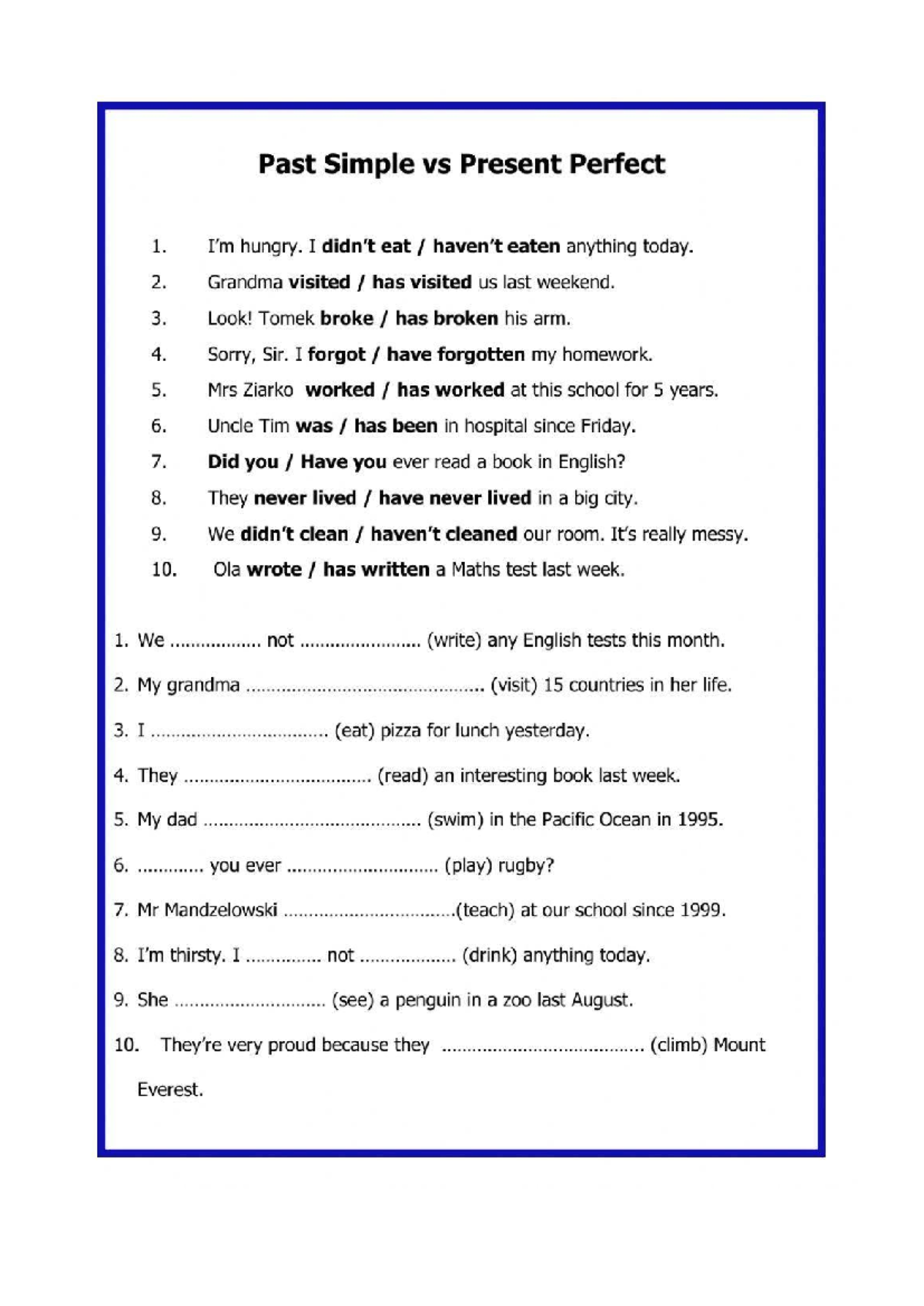 Worksheet 179296 - Past Simple vs Present Perfect Practice - Studocu