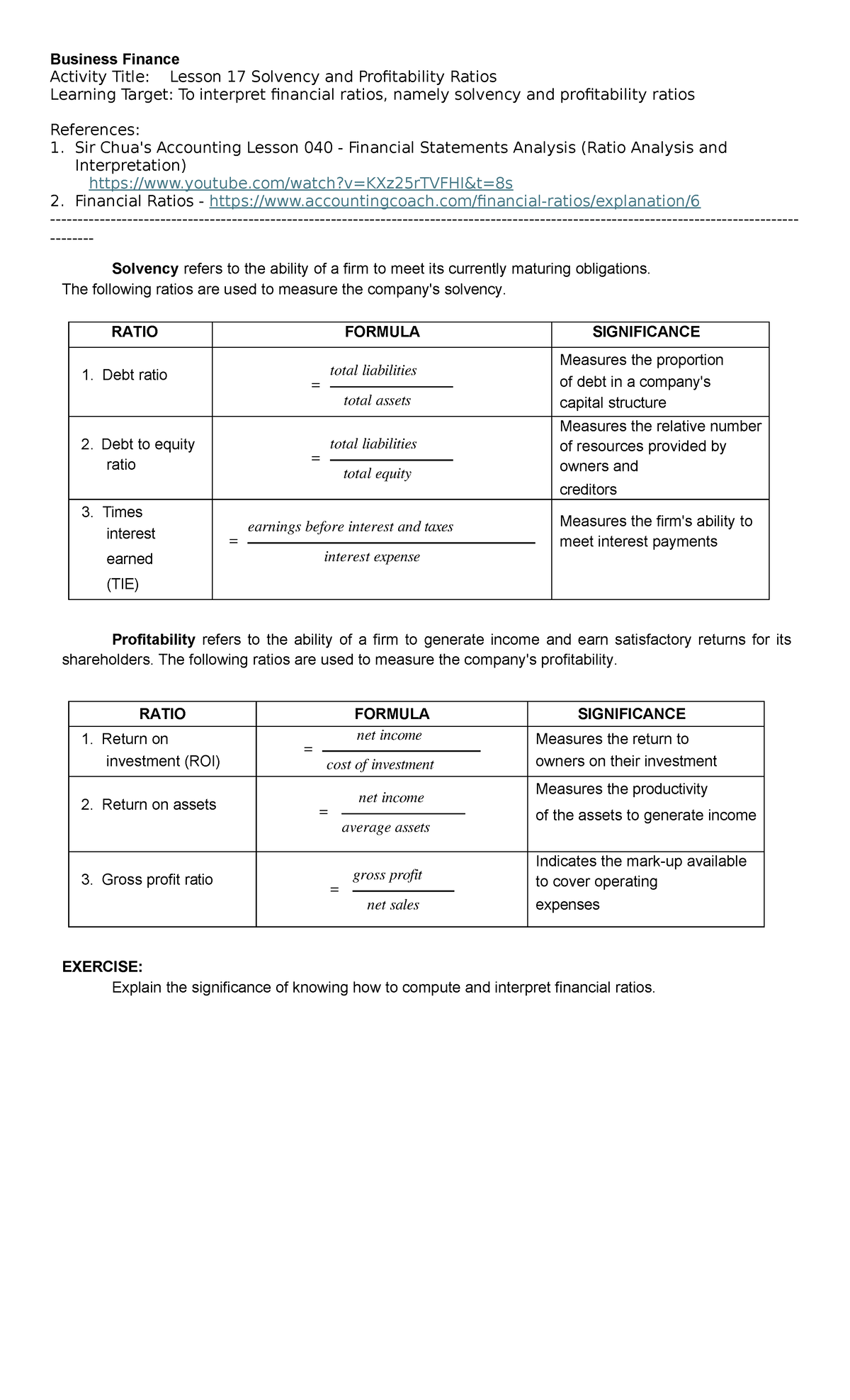 Business Finance Lesson 17: Solvency & Profitability Ratios Analysis - Studocu