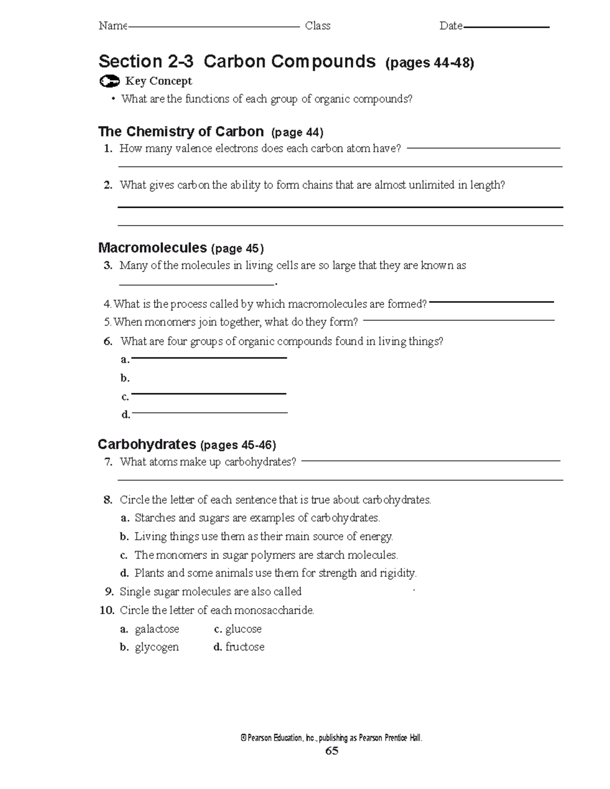 Carbon compounds Questions and lectures - Name Class Date Section 2-3 ...