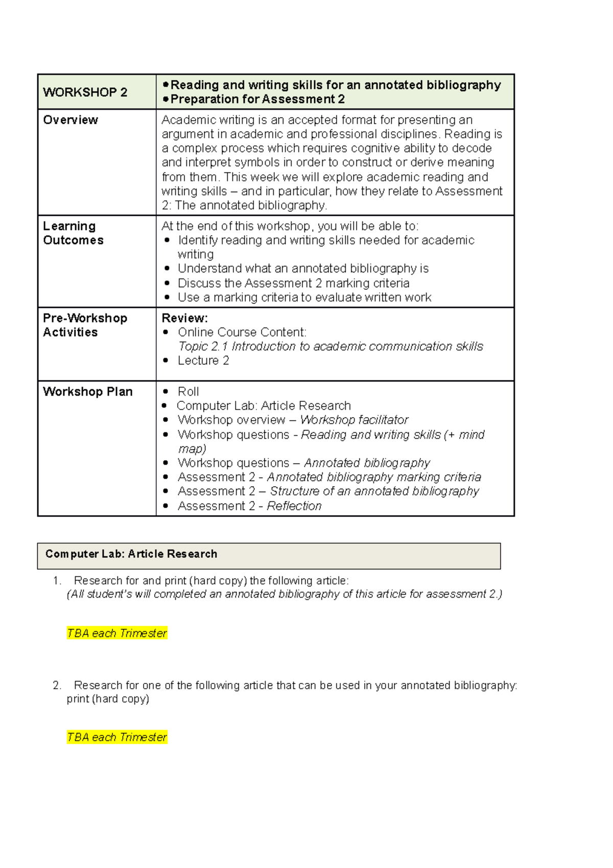 Assessment 2 Workshop 2: Annotated Bibliography Skills & Criteria - Studocu