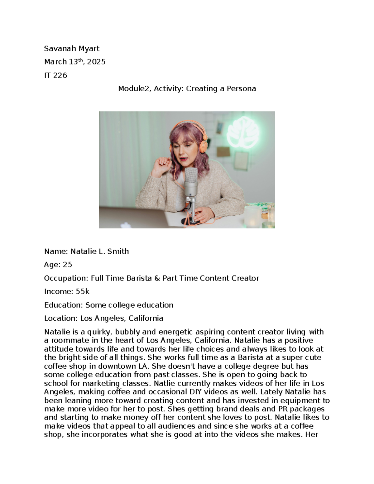 Module 2 Persona Activity - Savanah Myart March 13th, 2025 IT 226 ...
