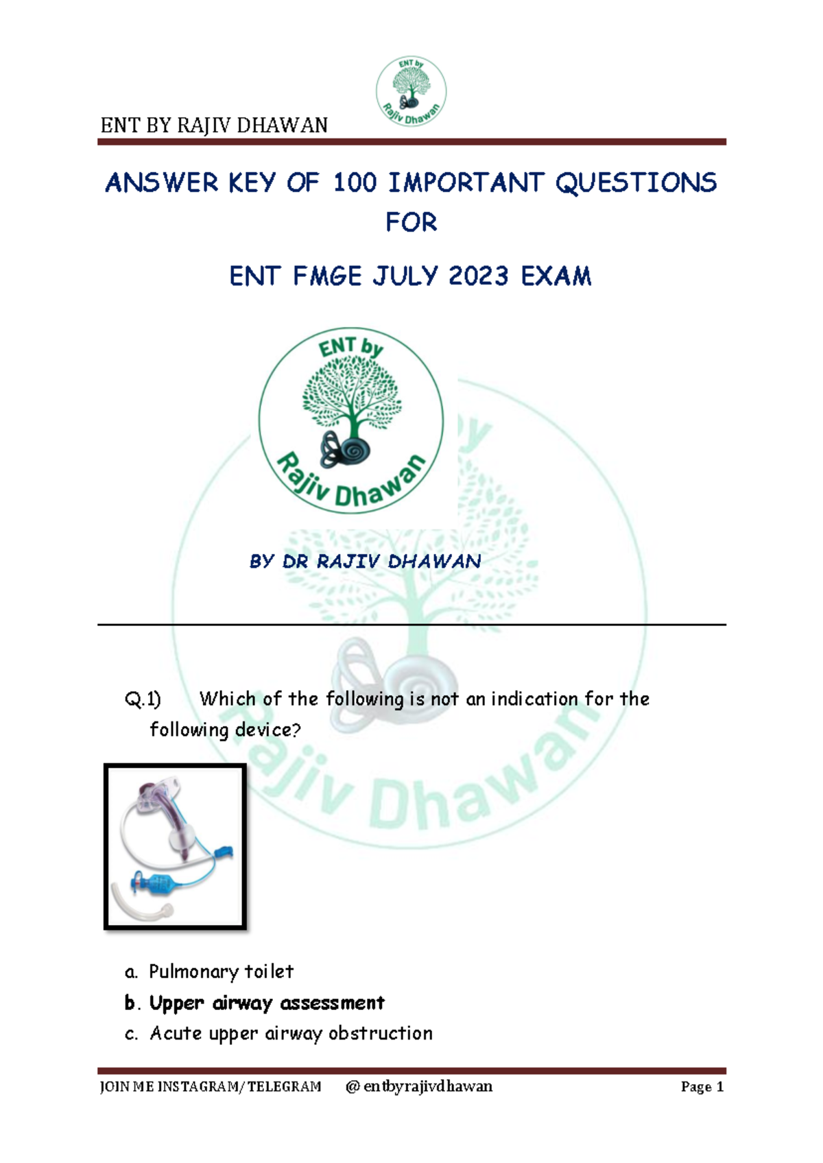 ENT BY Rajiv Dhawan JULY 2023 FMG TEST-1 - ANSWER KEY OF 100 IMPORTANT ...