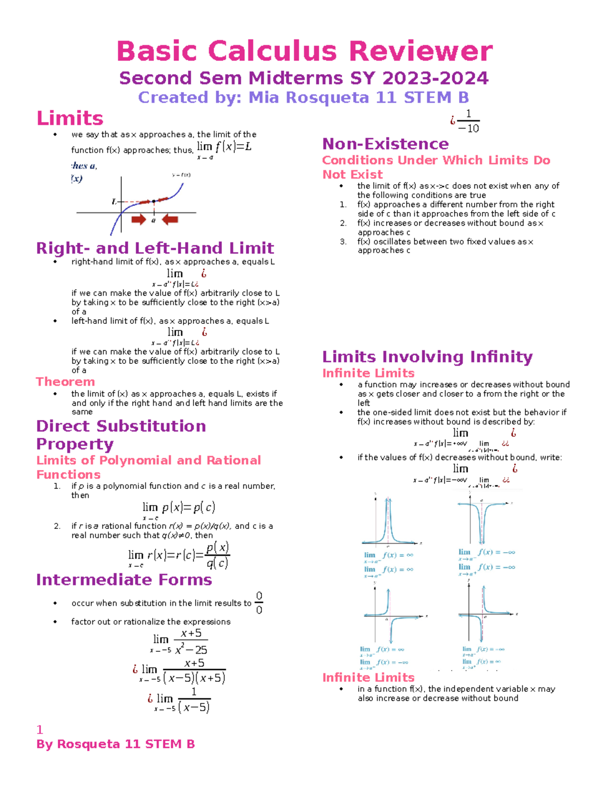Basic Calculus Midterm Reviewer (MATH 101) - Limits and Derivatives ...
