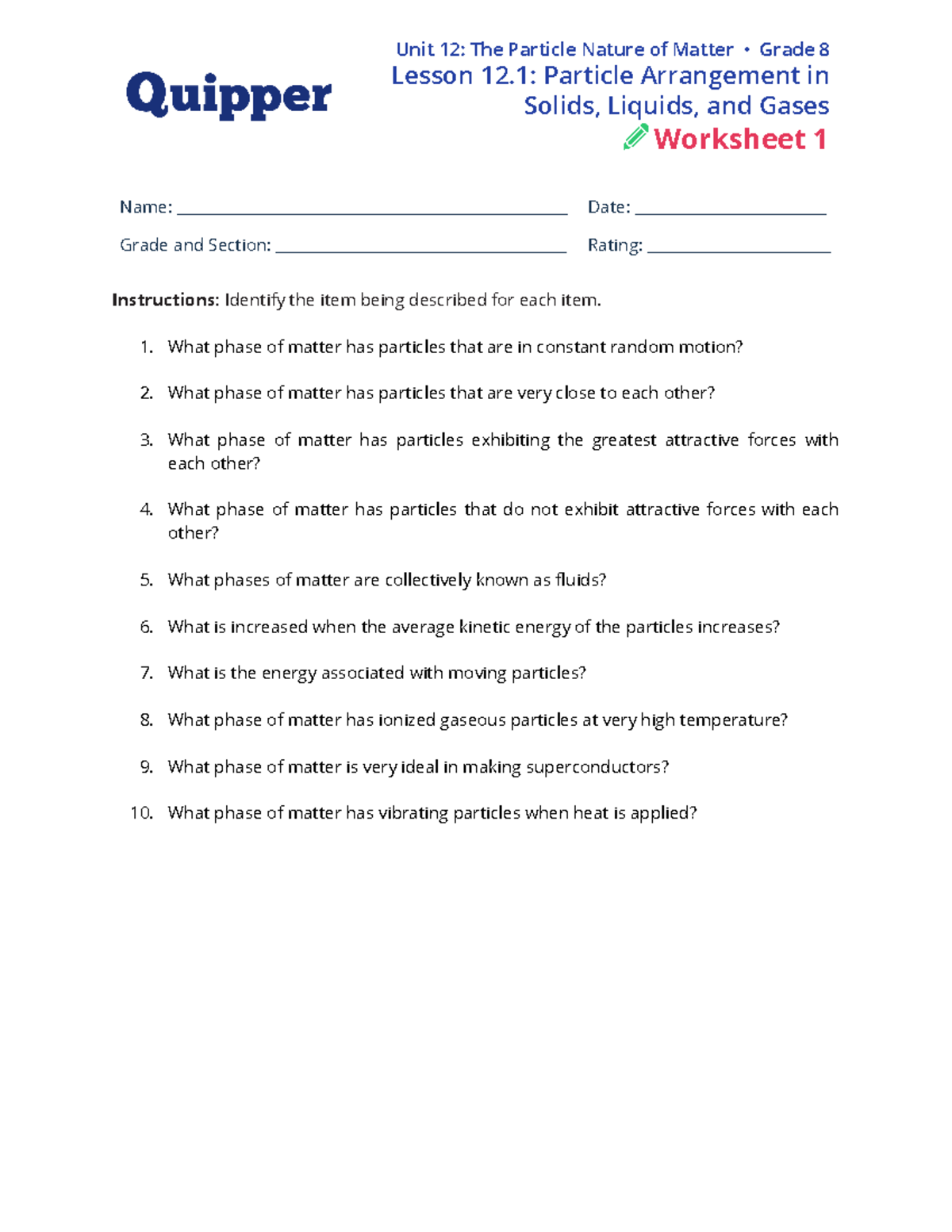 Science 8 12.1 Worksheet 1 - Unit 12: The Particle Nature of Matter ...