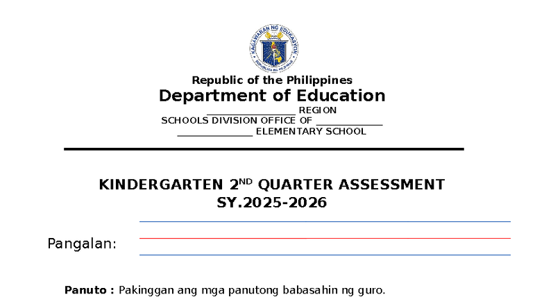 Kindergarten 2nd Quarter Assessment (SY) - Studocu