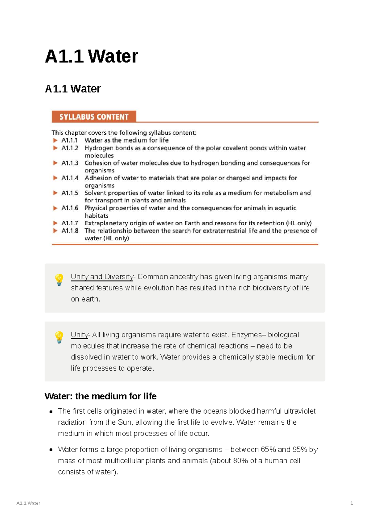 IB Biology A1.1 Water: Properties, Bonds, and Biological Significance ...
