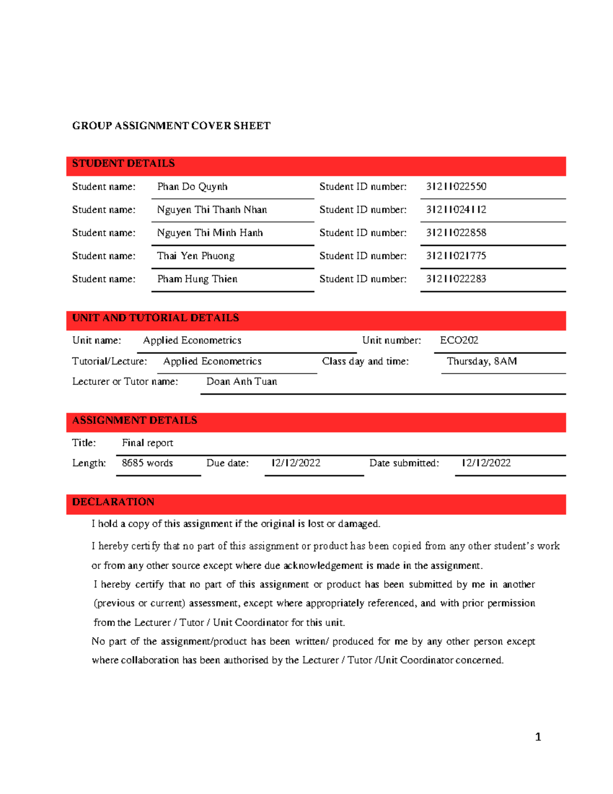 -3 - nhnh - GROUP ASSIGNMENT COVER SHEET STUDENT DETAILS Student name ...