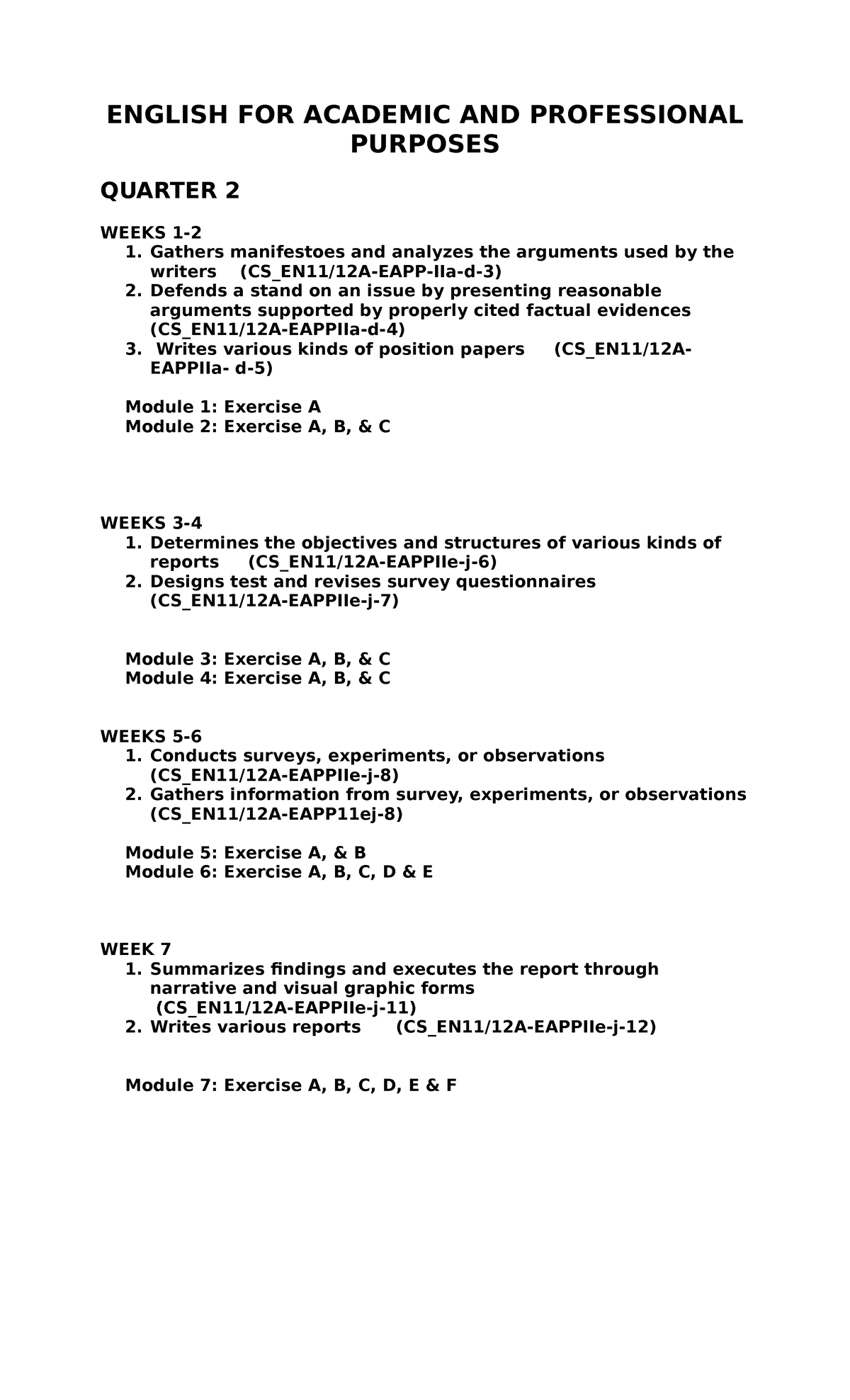 Quarter 2 Competencies for EAPP (CS_EN11/12A-EAPP-II) - Studocu