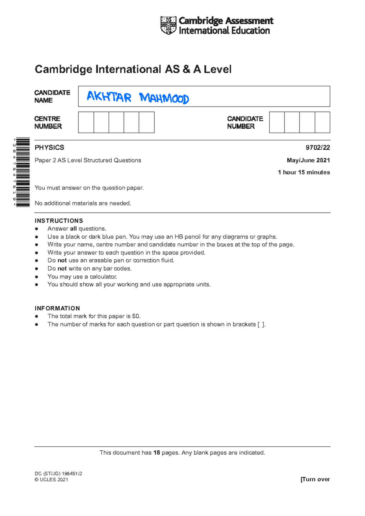 Cambridge International AS A Level 3 8 4 7 5 4 7 5 1 9 PHYSICS Paper 2 ...