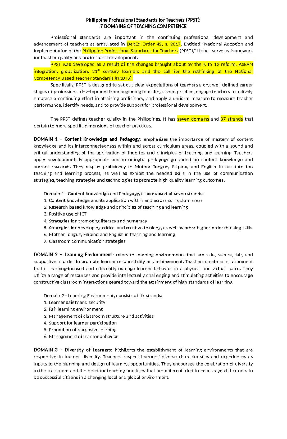 PPST Lecture Guide: 7 Domains of Teaching Competence and Career Stages ...