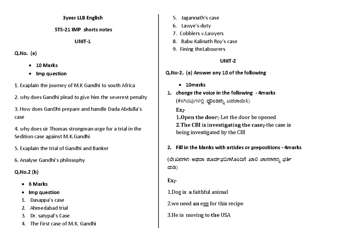 STS-21 LLB English Important Short Notes for 3-Year Course - Studocu