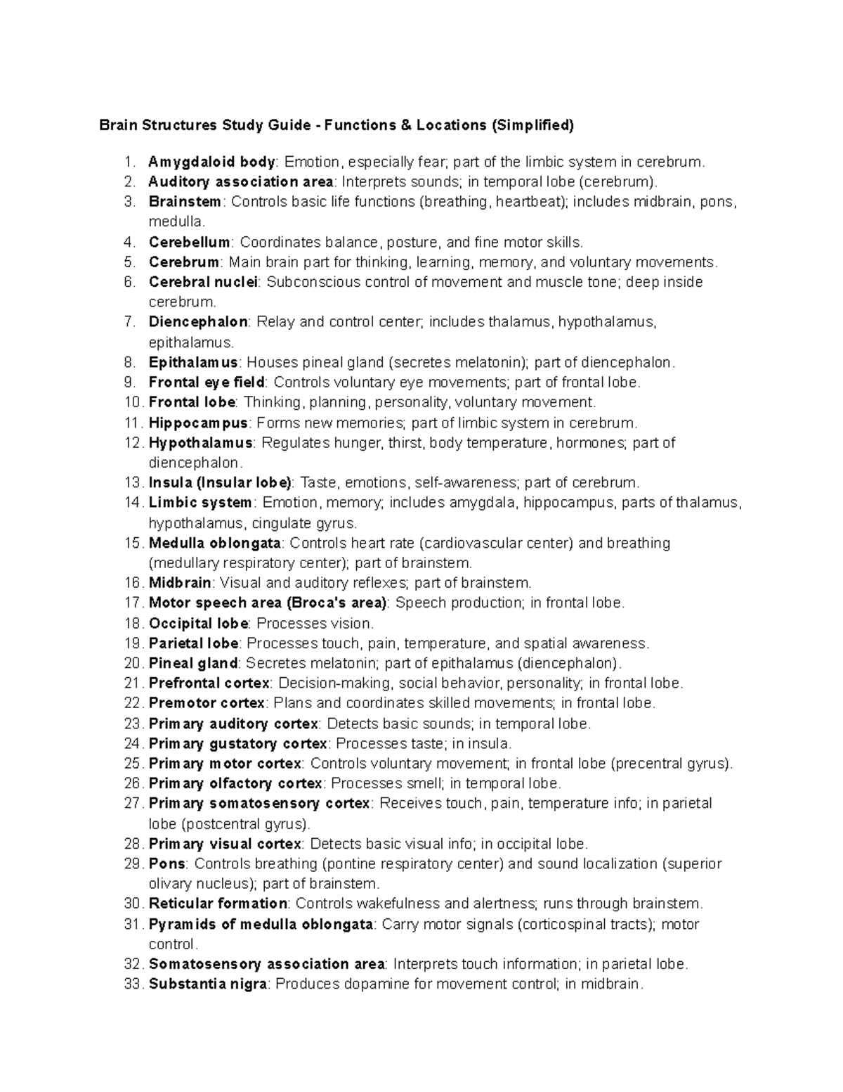 Brain Structures Study Guide (Unit 4) - Functions and Locations - Brain ...