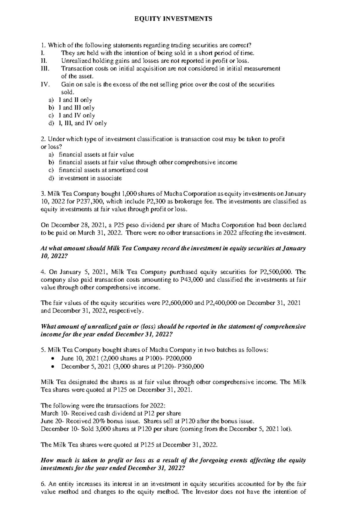RM Equity Investments - Key Concepts and Practice Questions - Studocu