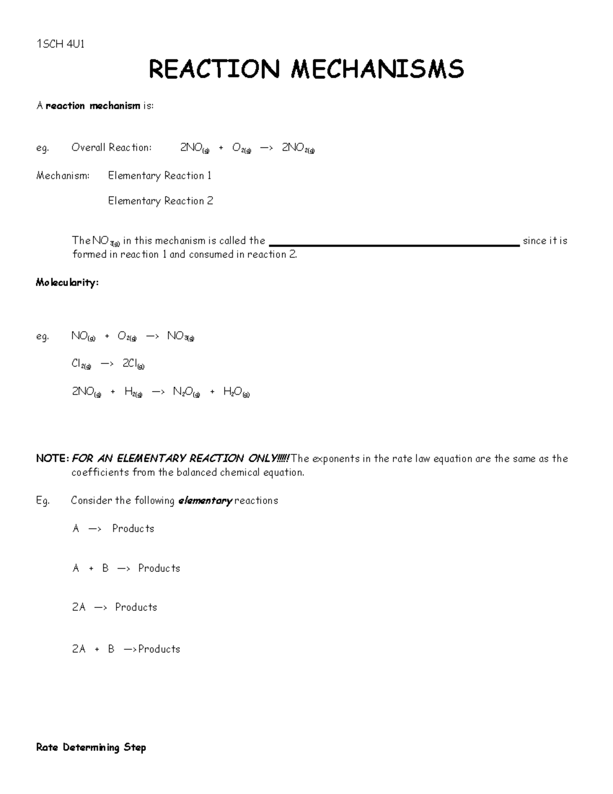 Reaction Mechanisms Worksheet - 1 SCH 4U REACTION MECHANISMS A reaction ...