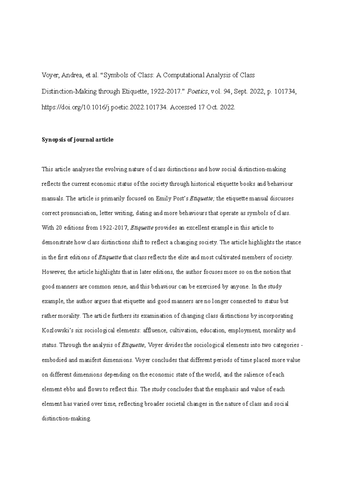A Computational Analysis of Class Distinctions in Etiquette - Voyer ...