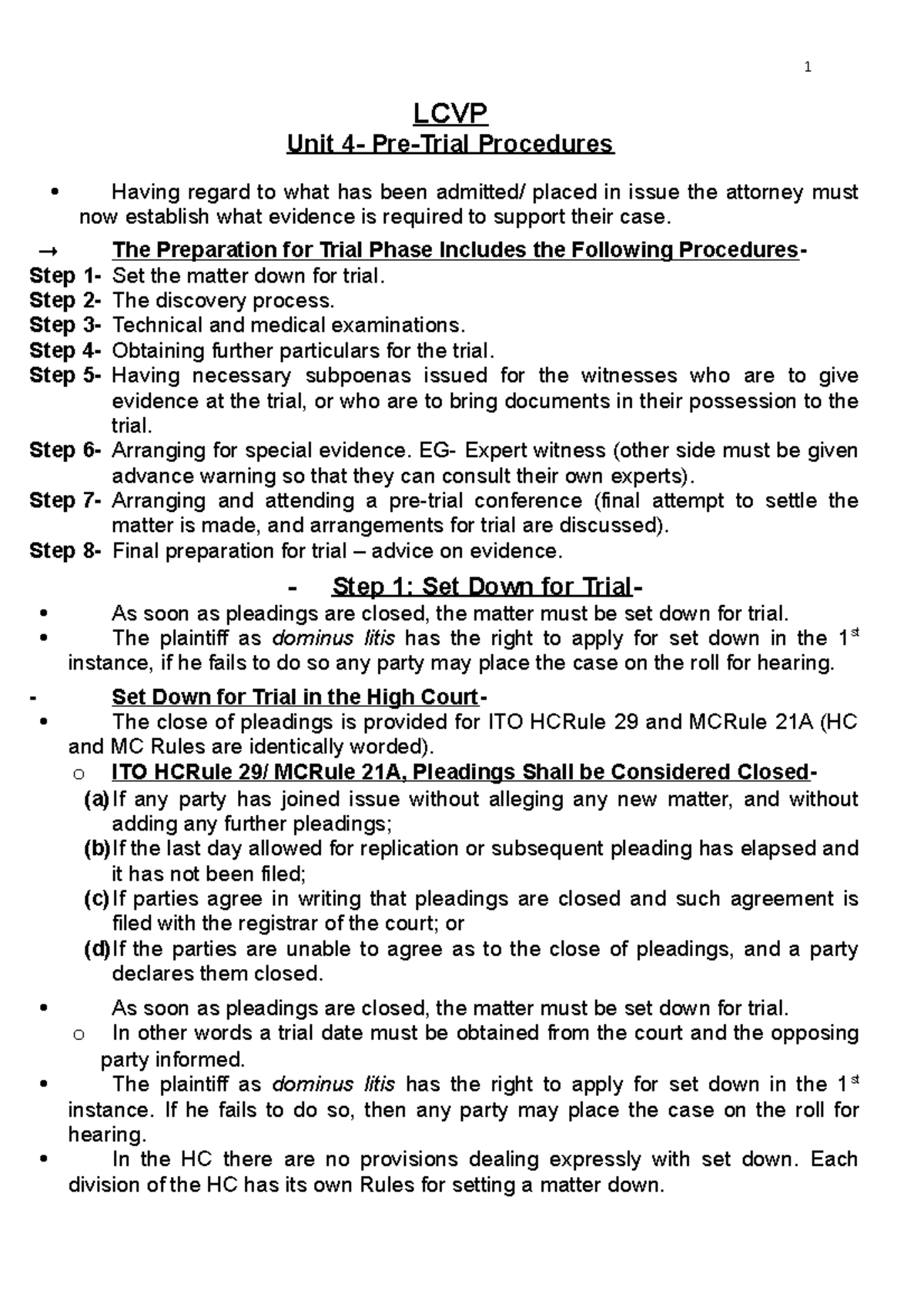 LCVP Unit 4: Pre-Trial Procedures Lecture Notes - Studocu