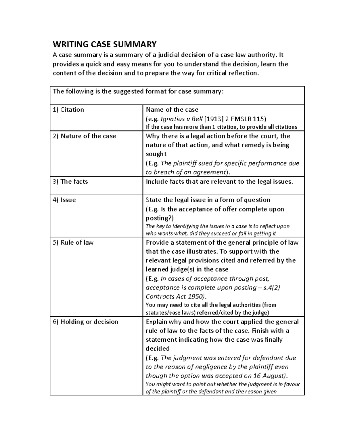 How to write a case summary - WRITING CASE SUMMARY A case summary is a ...