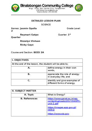 Detailed Lesson PLAN FOR Teaching Science - DETAILED LESSON PLAN FOR ...